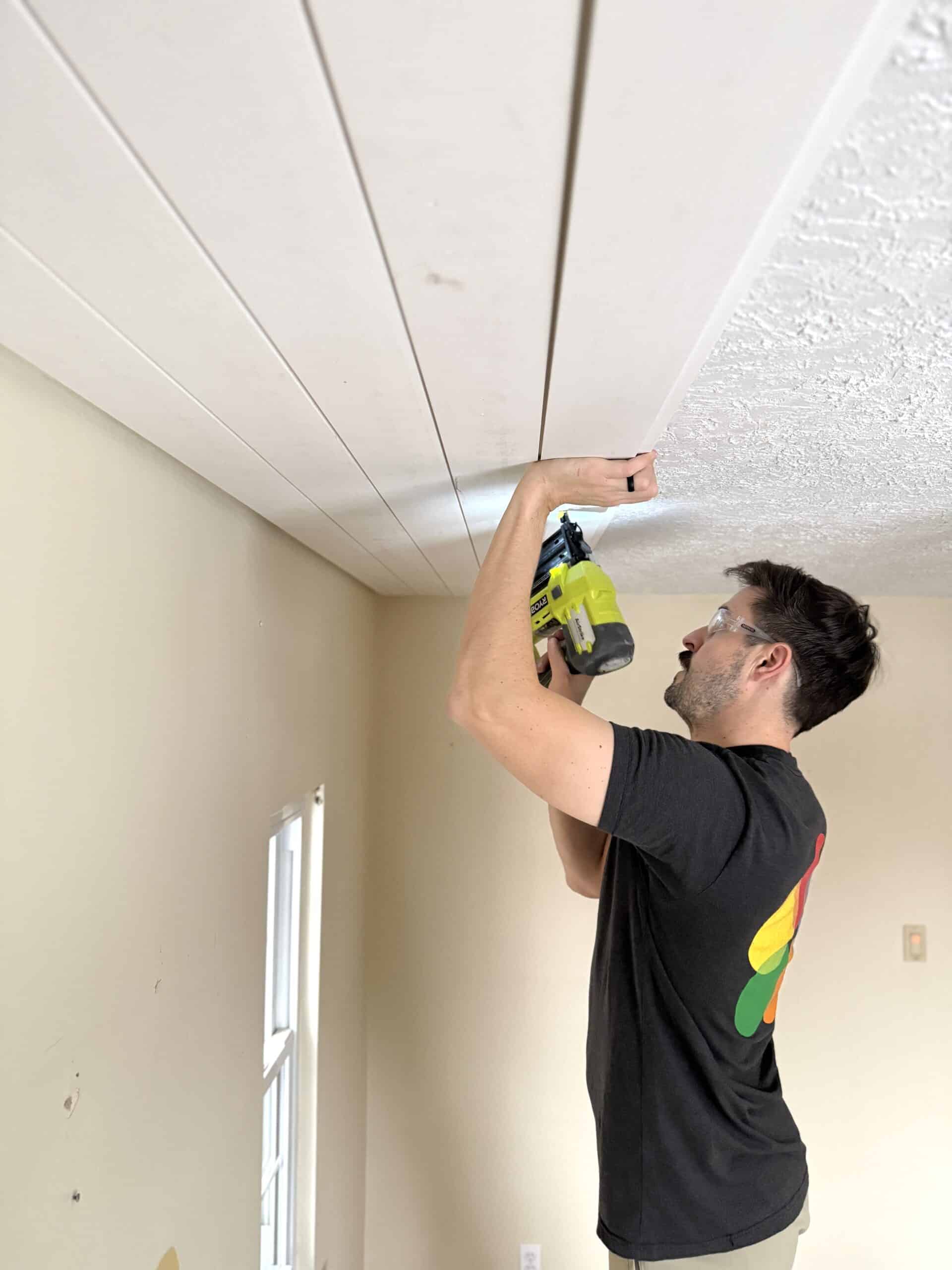 Easy DIY Shiplap Ceiling to Cover Popcorn Texture | Our Aesthetic Abode